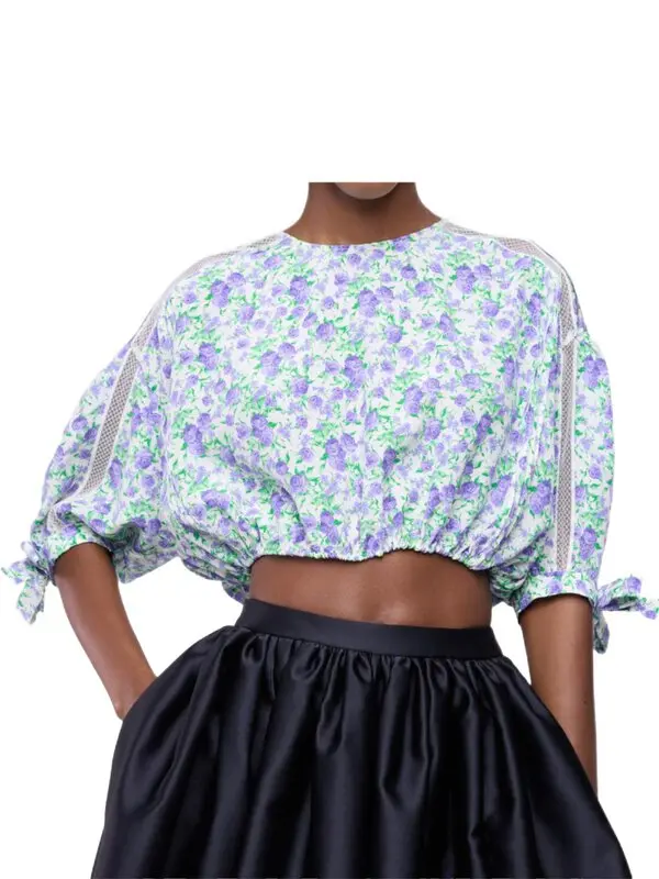 Rabanne Floral Puff Sleeve Crop Top - Multicolor