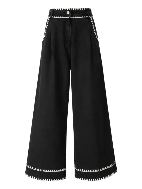 Farm Rio Crochet Embroidered Wide Leg Jeans - Black