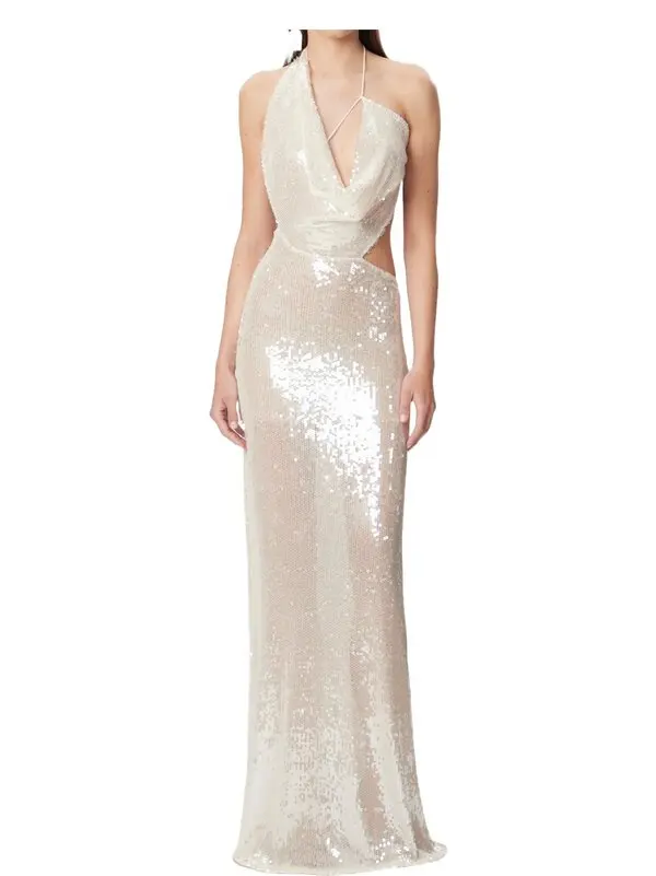 AMAZUIN Iselin Asymmetric Draped Sequin Maxi Dress - Nude