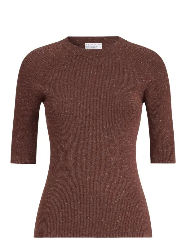Brunello Cucinelli Ribbed Knit Top With Metallic Accents - Brown
