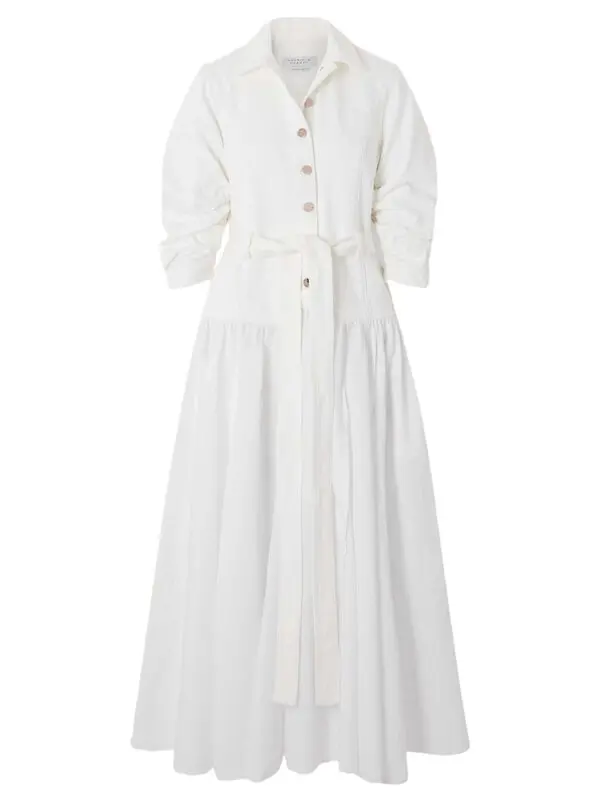 Gabriela Hearst Collared Long Sleeve Pleated Maxi Dress - White