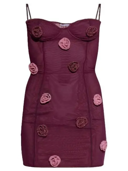 Oseree Rose Embellished Mesh Dress - Red