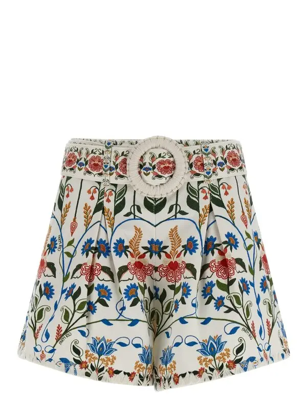 Farm Rio Belted Floral Embroidered Shorts - White
