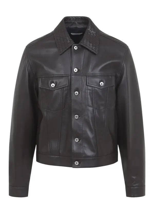 Bottega Veneta Leather Jacket With Intrecciato Detailing - Dark Kalubo