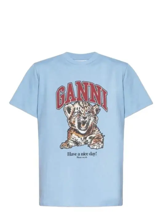GANNI Short-sleeved Crewneck T-shirt With Logo Detail - Blue