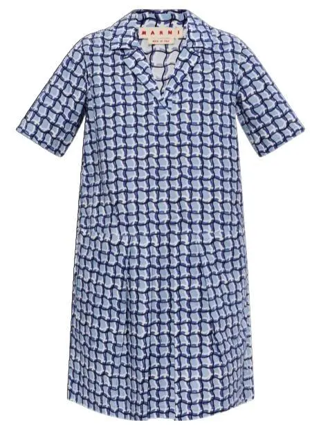 Marni Printed Collared Short Sleeve Dress - Blue