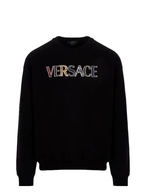 Versace Logo Embroidered Crewneck Sweatshirt - Black