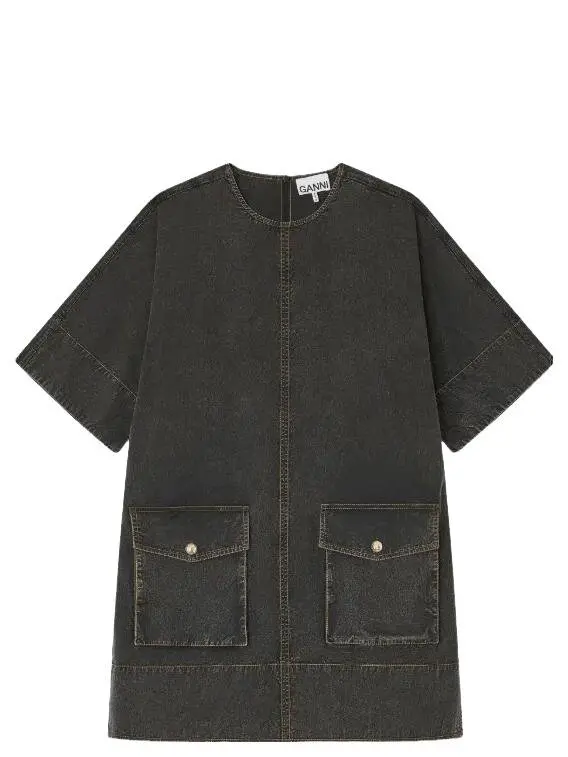 GANNI Washed Kimono Dress With Contrast Stitching - Black