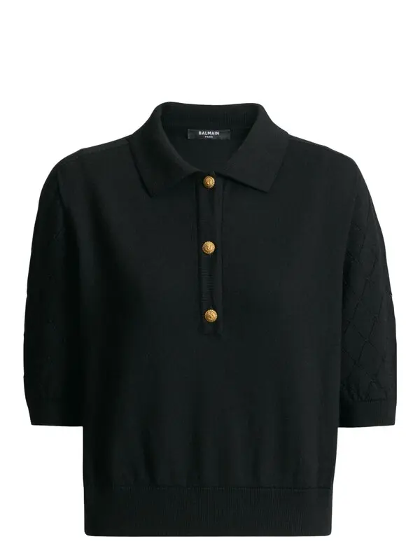 Balmain Knitted Polo With Gold-plated Buttons - Black