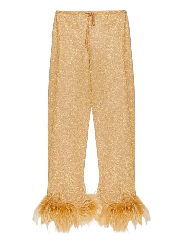 Oseree Feather-trimmed Metallic Trousers - Golden