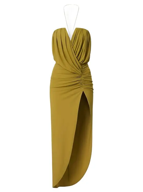 AMAZUIN Draped Ruched Halterneck Maxi Dress With Asymmetrical Hem - Brown
