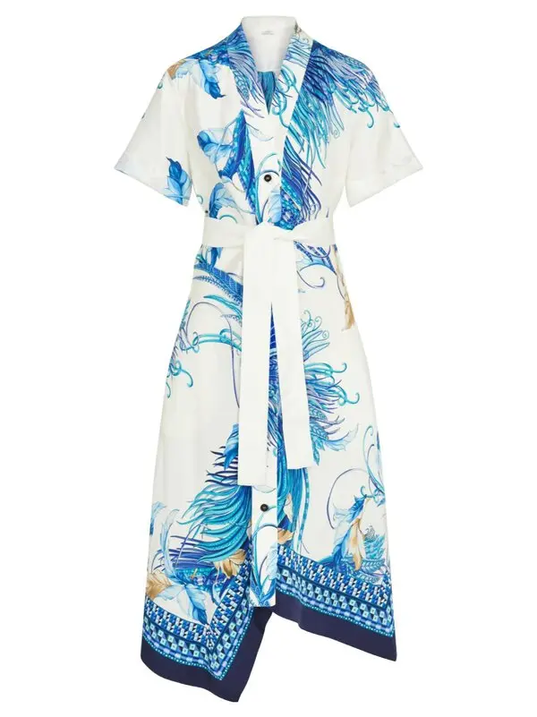 FERRAGAMO Feather Print Asymmetrical Midi Dress - White