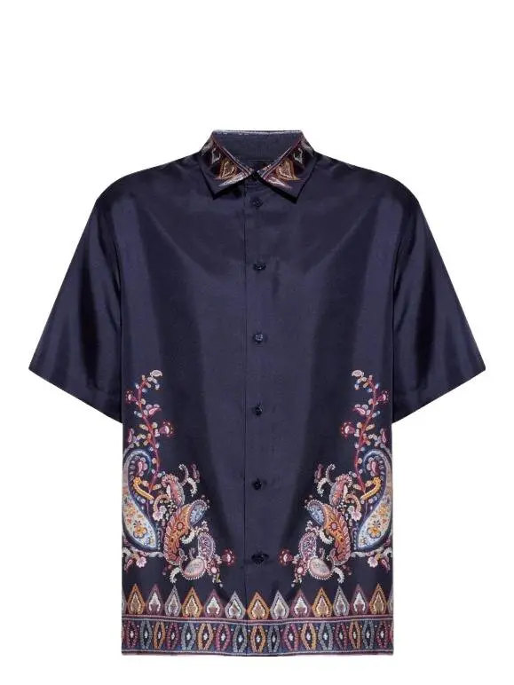 Etro Paisley Border Short Sleeve Shirt - Navy Blue