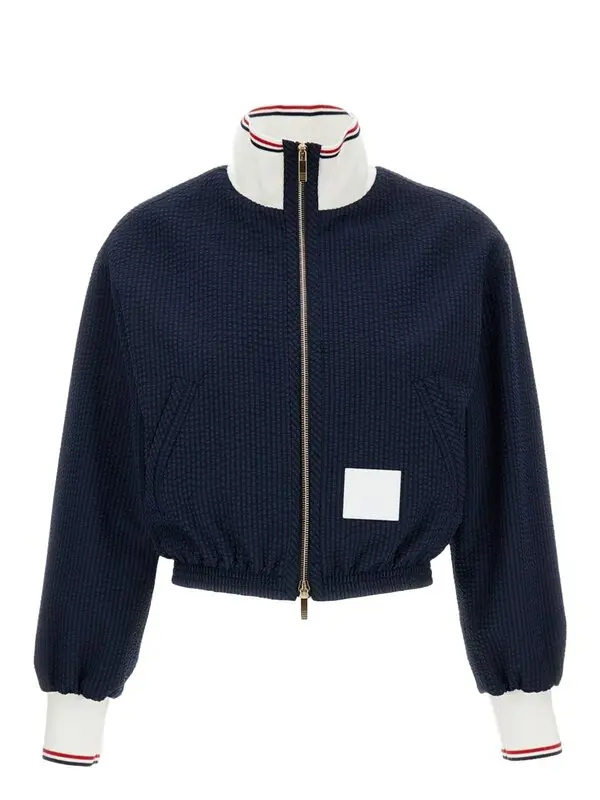 Thom Browne Seersucker Zip Up Track Jacket - Navy Blue