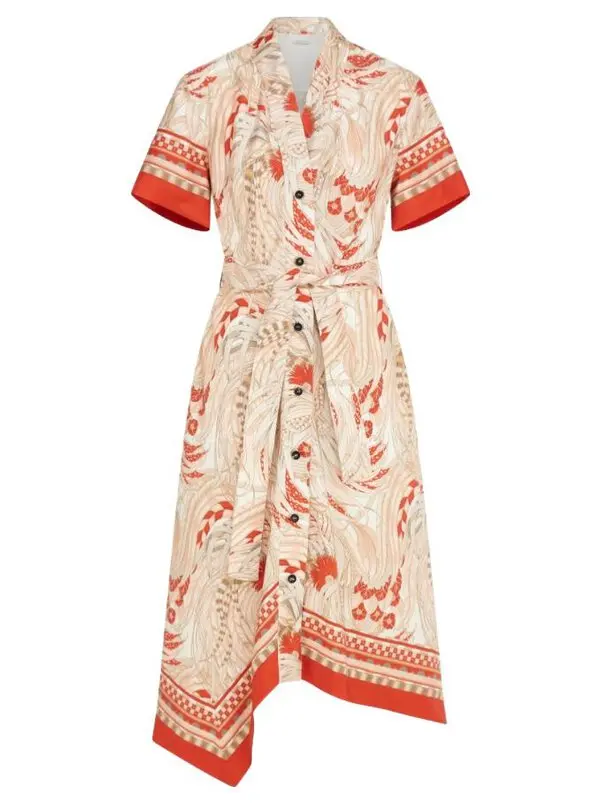 FERRAGAMO Rooster Print Asymmetrical Midi Dress - Nude