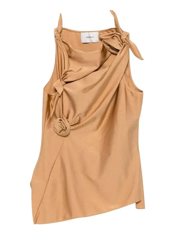 Coperni Asymmetric Rose-embellished Knotted Blouse - Brown