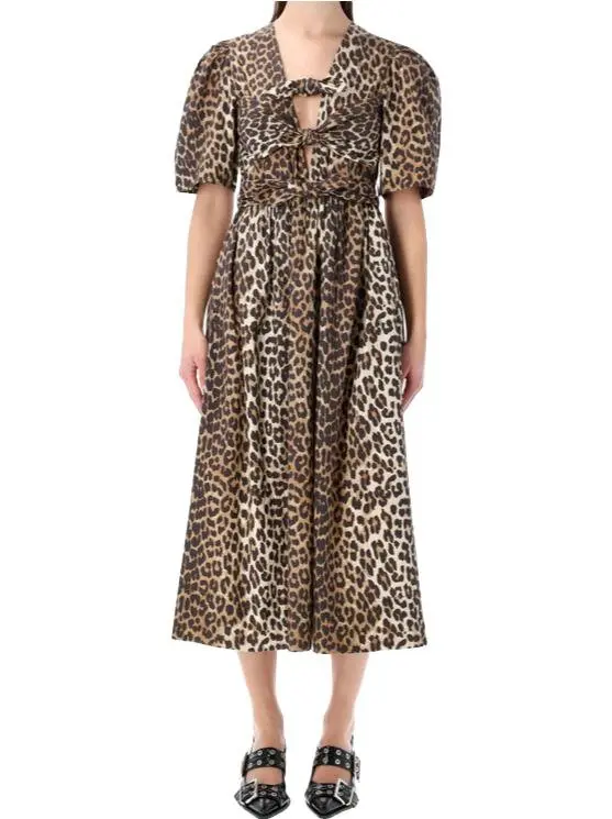 GANNI Short-sleeved Midi Dress With Leopard Print - Brown