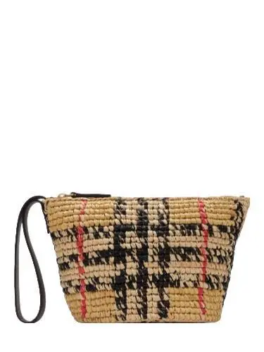 Burberry Margate Checked Raffia Pouch - Sand Beige