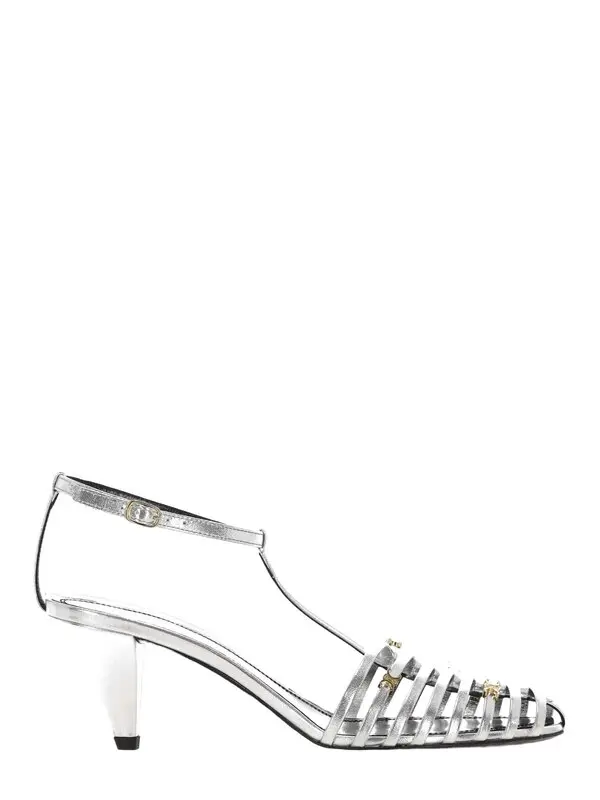 Celine Cage Heeled Sandal In Laminated Lambskin - Silver