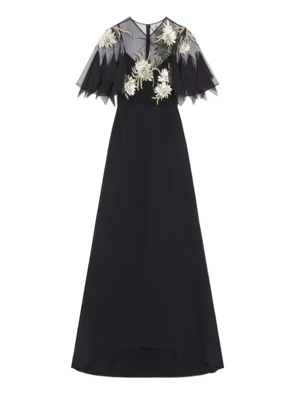 Valentino Garavani Short Sleeve Dress With Embellished Floral Motifs - Black