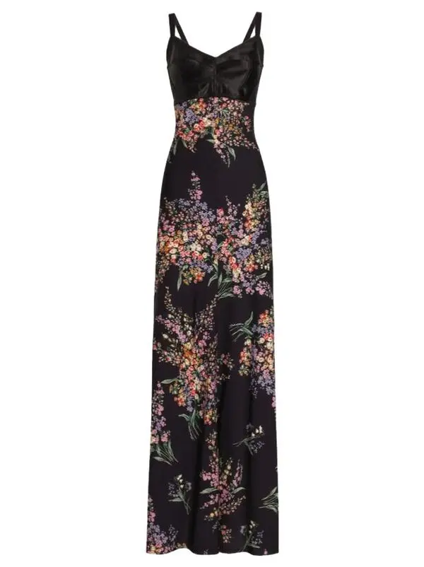 Dolce & Gabbana Flower Bouquets Printed Long Charmeuse Dress - Black