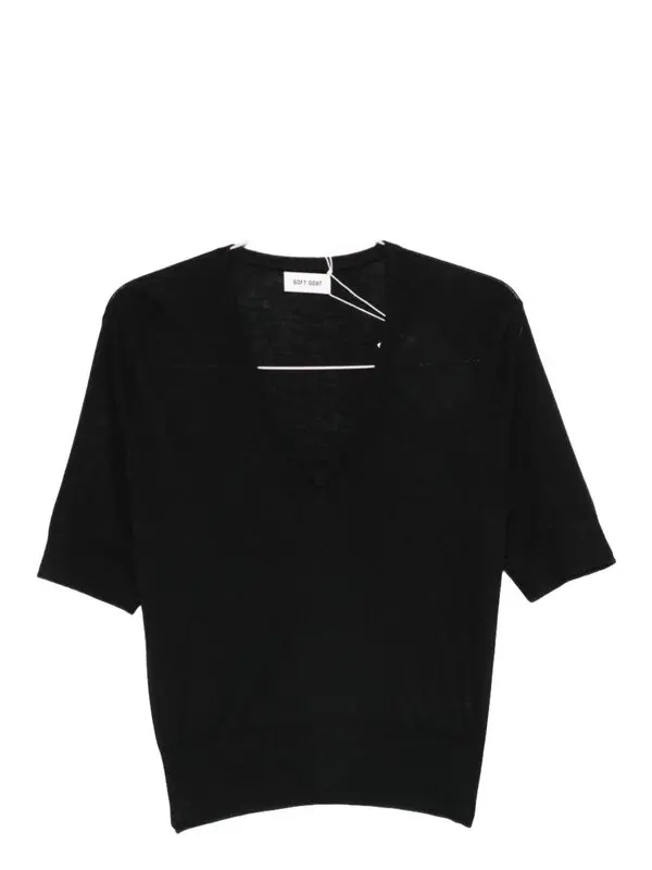 Soft Goat V-neck Short-sleeved Knit Top - Black