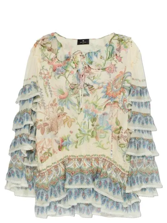 Etro Floral Printed Ruffled Long Sleeve Dress - Nude