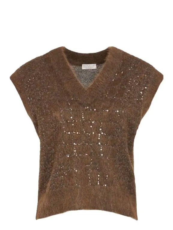 Brunello Cucinelli Embellished Mohair Blend Knit Vest - Brown