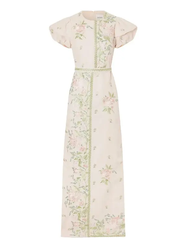 Erdem Floral Embroidered Puff Sleeve Gown - White