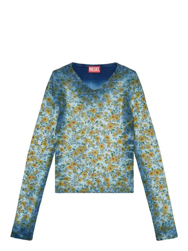 DIESEL® Ribbed Floral Long-sleeve V-neck Sweater - Blue