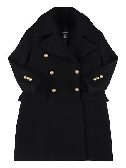 Balmain Wool Blend Double Breasted Coat With Button Cuffs And Notched Lapel - Black