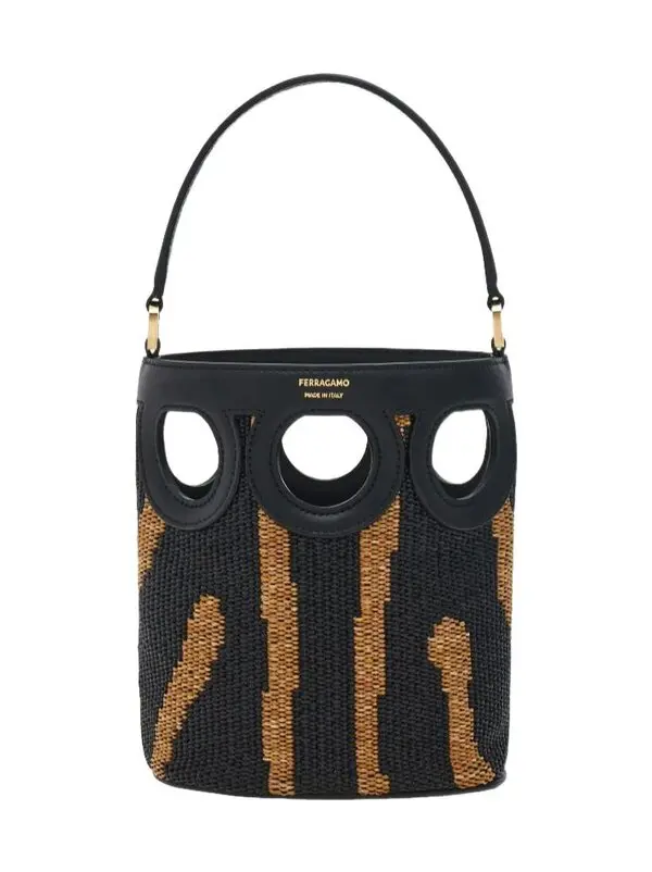 FERRAGAMO Gancini Outline Bucket Bag - Natural Brown/black