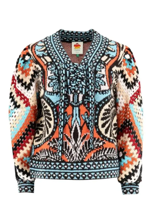 Farm Rio Crochet Construction V-neck Sweater With Tie Neck - Multicolor