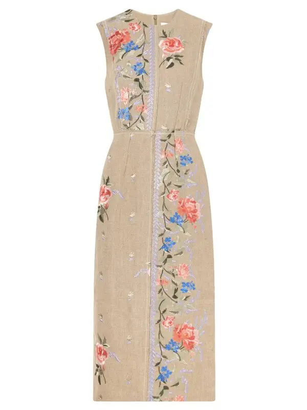 Erdem Embroidered Floral Midi Dress - Nude