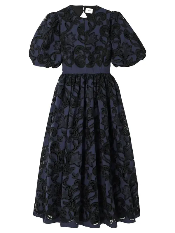 Erdem Backless Embroidered Puff Sleeve Dress - Navy Blue