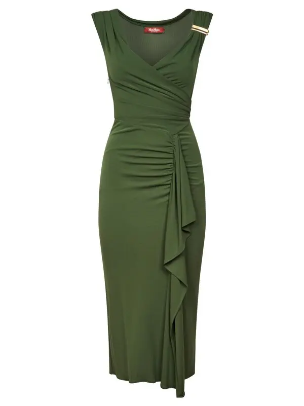 Max Mara Sleeveless V-neck Draped Midi Dress - Green