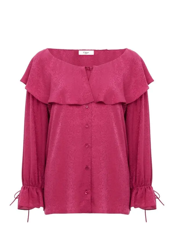 Chloé Round Neck Ruffled Silk Blouse - Deep Ruby Red