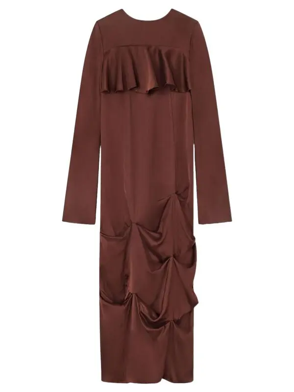 GANNI Draped Long-sleeve Maxi Dress With Ruffles - Brown