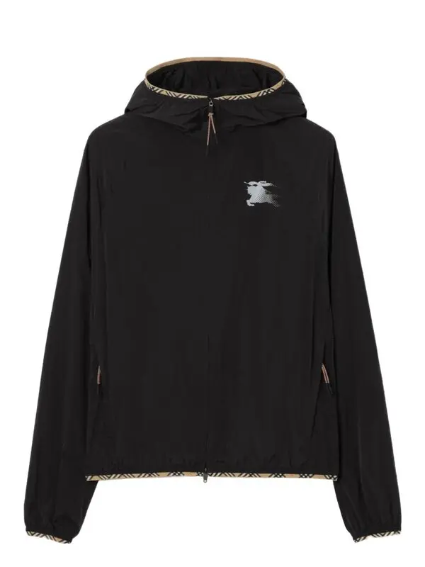 Burberry Hooded Zip-up Jacket With Check Trim - Black