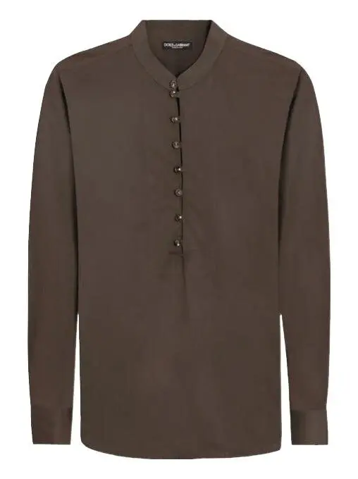 Dolce & Gabbana Mandarin Shirt In Cotton Canvas - Brown