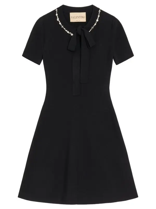 Valentino Garavani Embroidered Knit Dress With Rhinestone Necklace And Bow Detail - Black