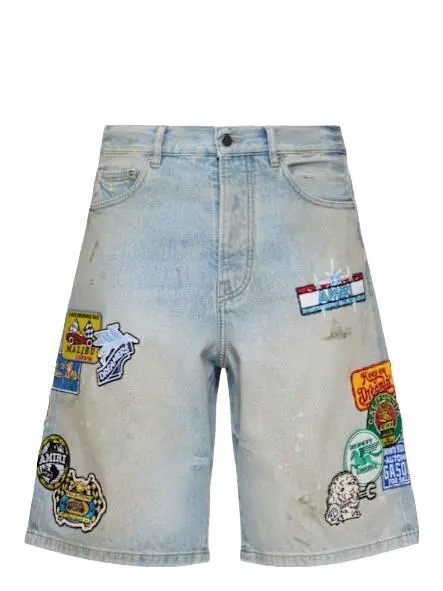 Amiri Patchwork Distressed Denim Shorts - Gray