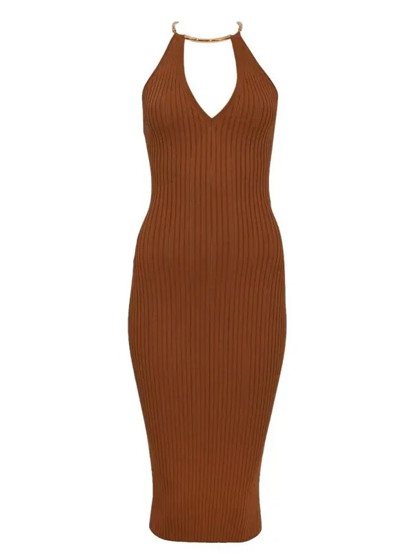 Elisabetta Franchi Sleeveless V-neck Knit Dress With Gold Necklace Detail - Brown