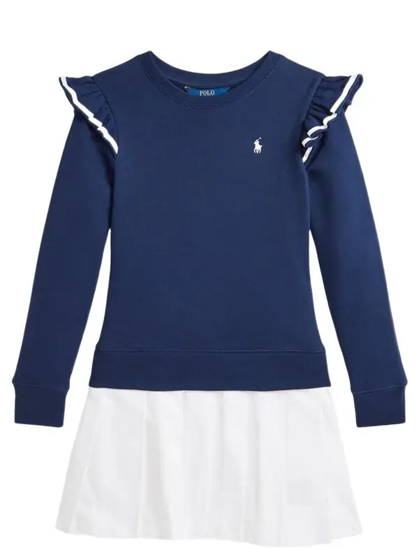 Polo Ralph Lauren Long Sleeve Crewneck Dress With Gathered Skirt - Navy/ White