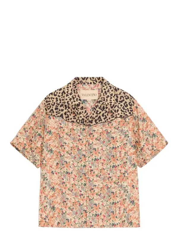 Valentino Garavani Bowling Shirt In Silk Poplin With Fauve Eclat Animalier And Papier Floral Prints - Nude