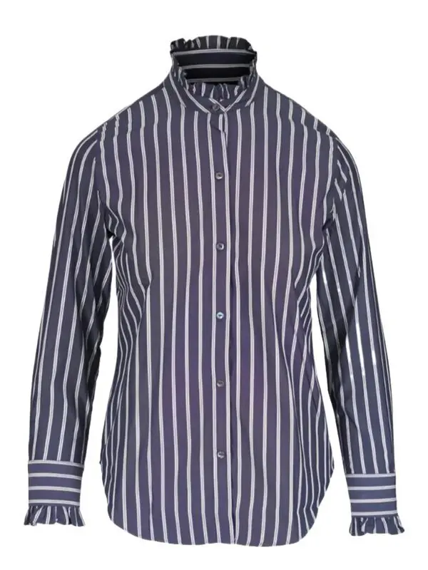 NILI LOTAN Striped Shirt With Ruffled High Collar And Cuffs - Gray