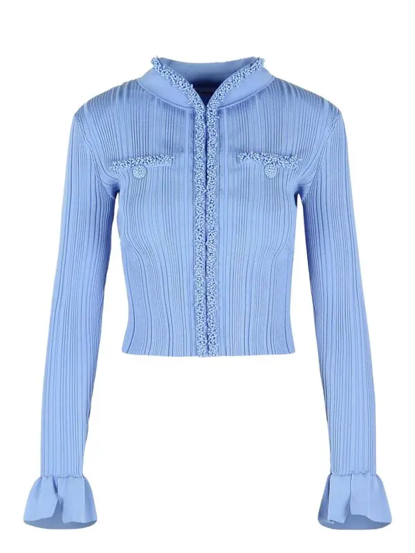 SELF-PORTRAIT Stand Collar Jacket With Beaded Details And Ruffled Cuffs - Blue