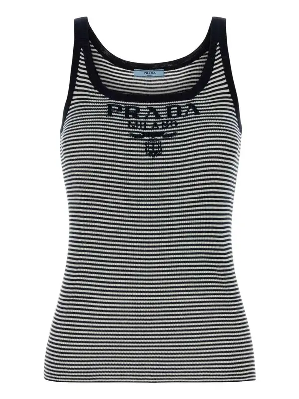 Prada Logo Embroidered Striped Knit Tank Top - No