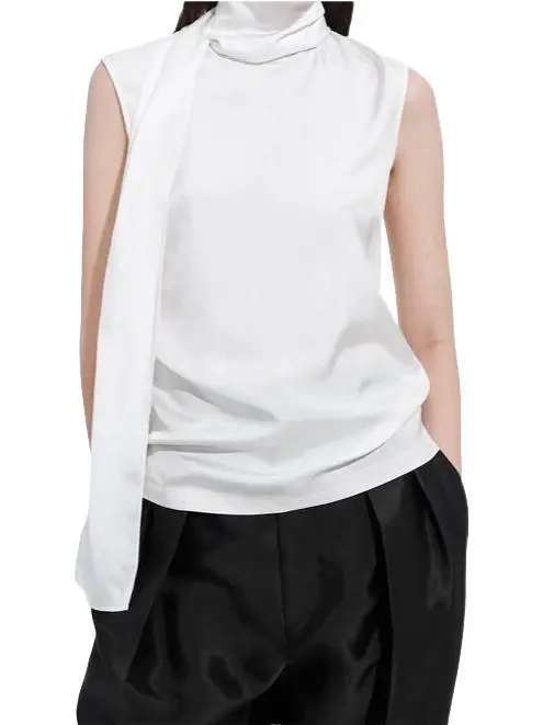 Bottega Veneta Sleeveless Stretch Satin Top With Scarf Detail - White