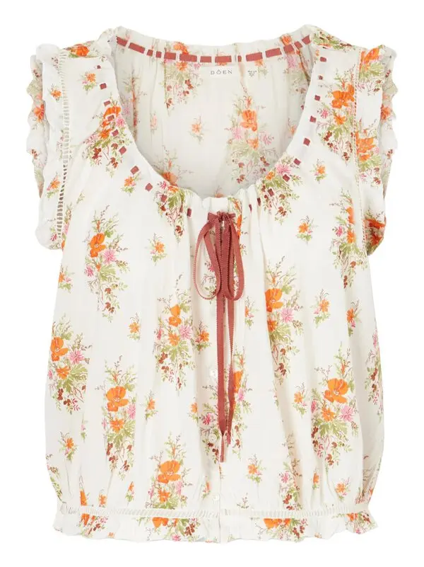DÔEN Traveler Floral Print Ruffled Blouse - White